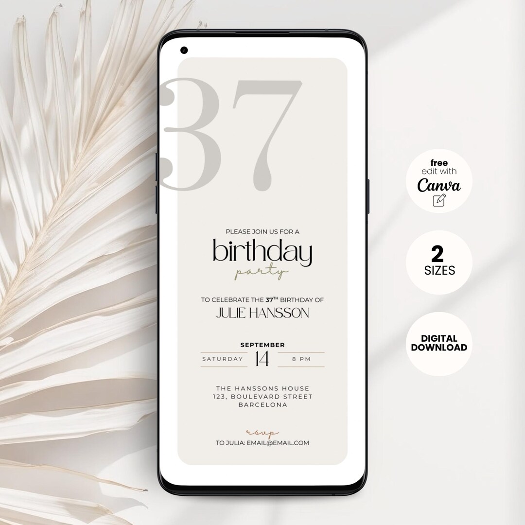 Minimalist 37th Birthday Invitation Template, Elegant Party Evite Men ...