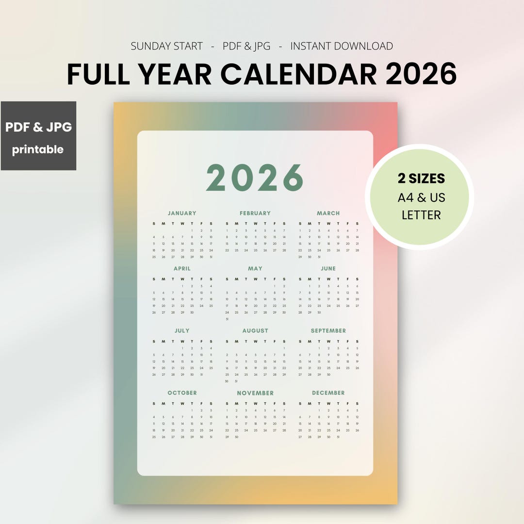 2026 Calendar Printable Year at A Glance Calendar PDF 2026 Desk ...
