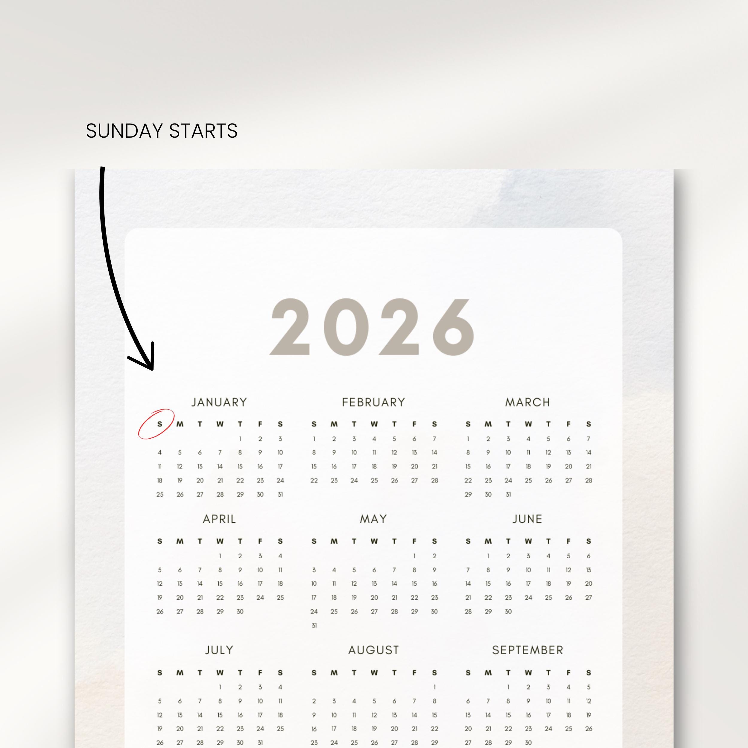 2026 Calendar Year at A Glance Full Year Calendar PDF 2026 Desk ...