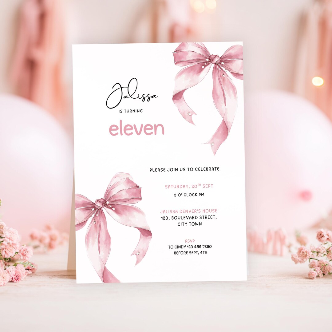 11th Birthday Invitation for Girls: Editable Pink Bow Coquette Invite ...