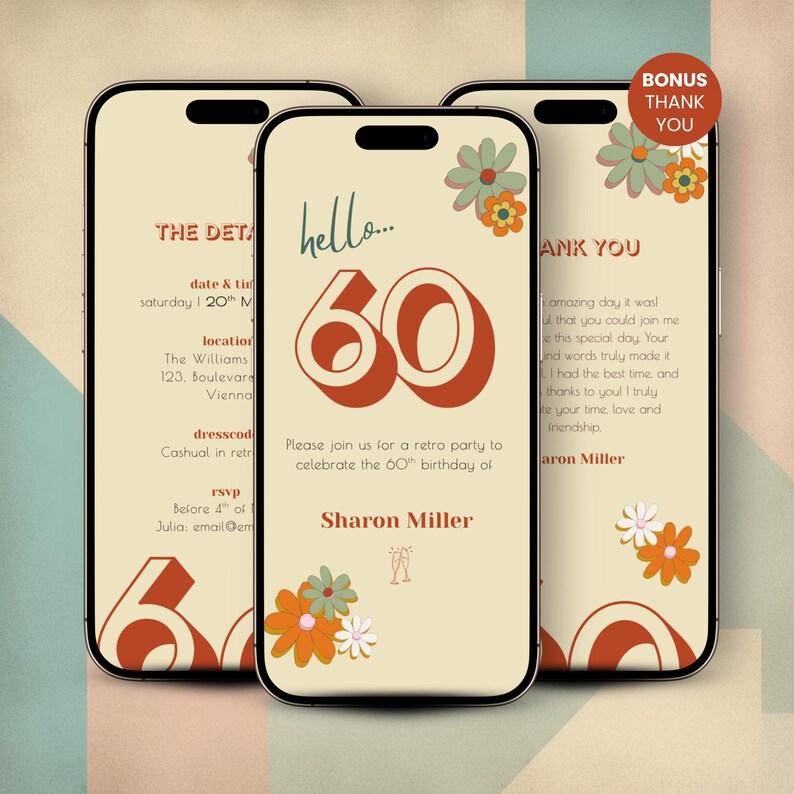 Retro 60th Birthday Invitation Template: Editable Canva Evite (digital ...