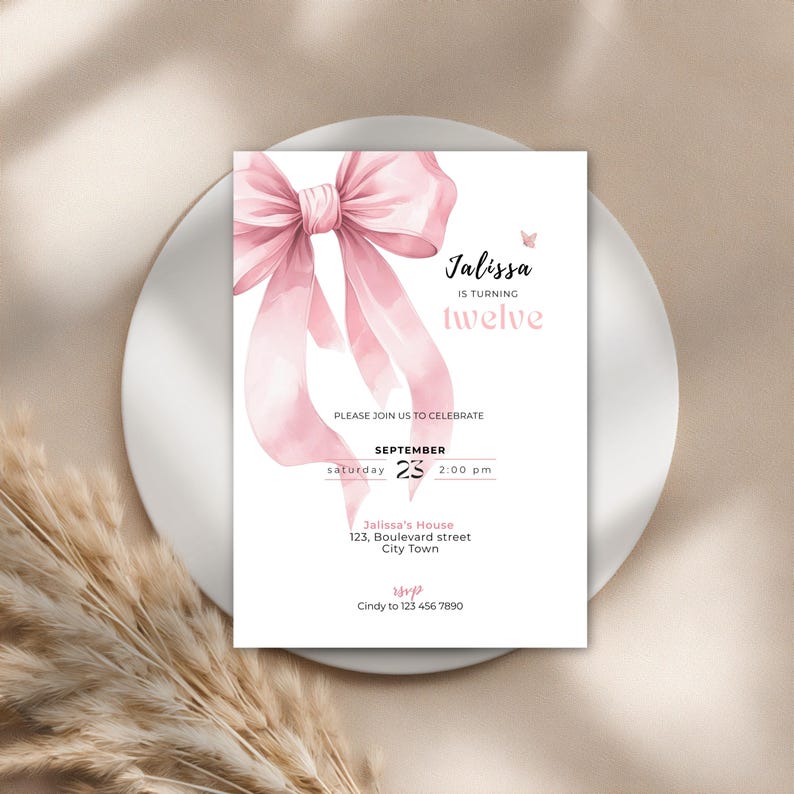 Convite de aniversário de 12 anos com laço rosa: Convite editável para ...