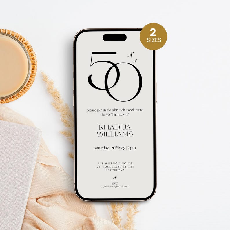 Editable 50th Birthday Invitation: Elegant Minimalist Milestone Evite ...