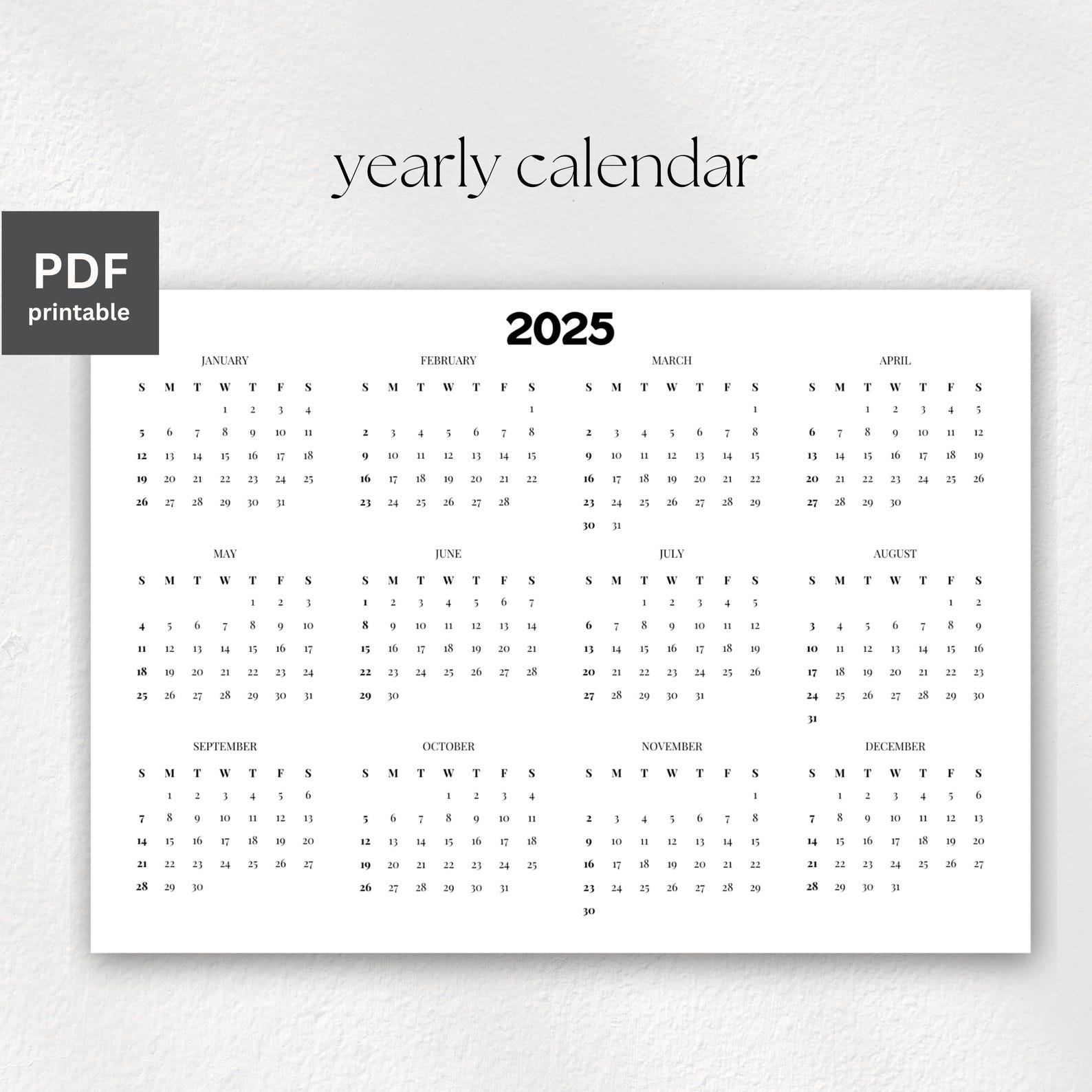 2025 Calendar Full Year Calendar 2025 Desk Calendar Printable PDF Wall ...