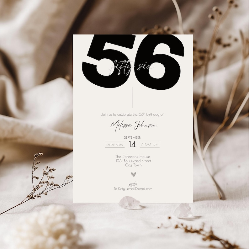 Editable 56th Birthday Invitation Template: Elegant Bold Typo Fifty Six ...