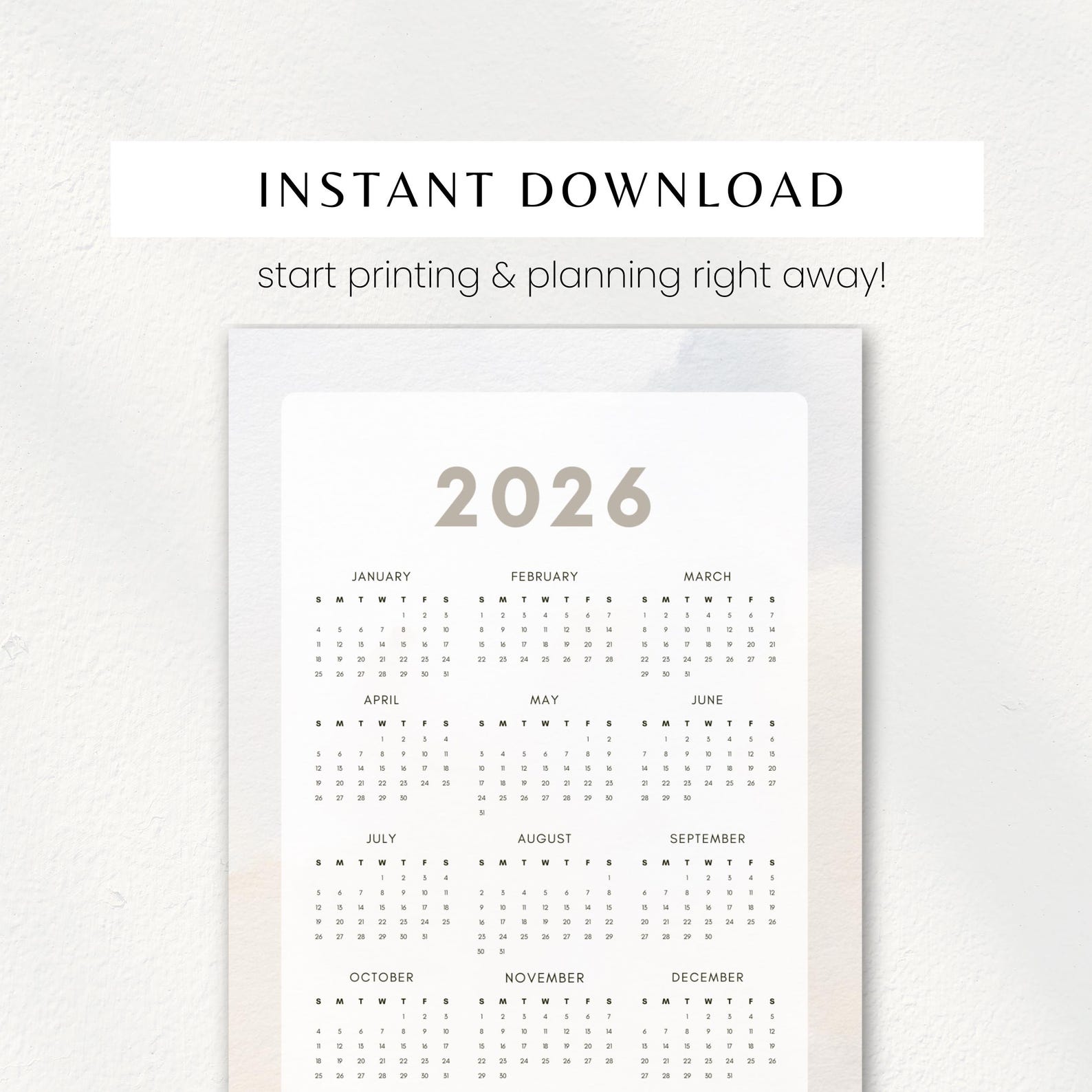 2026 Calendar Year at A Glance Full Year Calendar PDF 2026 Desk ...