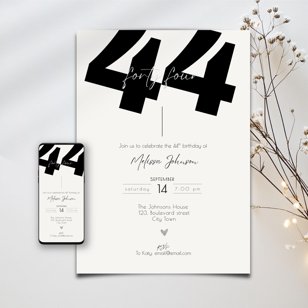 44th Birthday Invitation Template: Bold Minimalist Design (digital ...