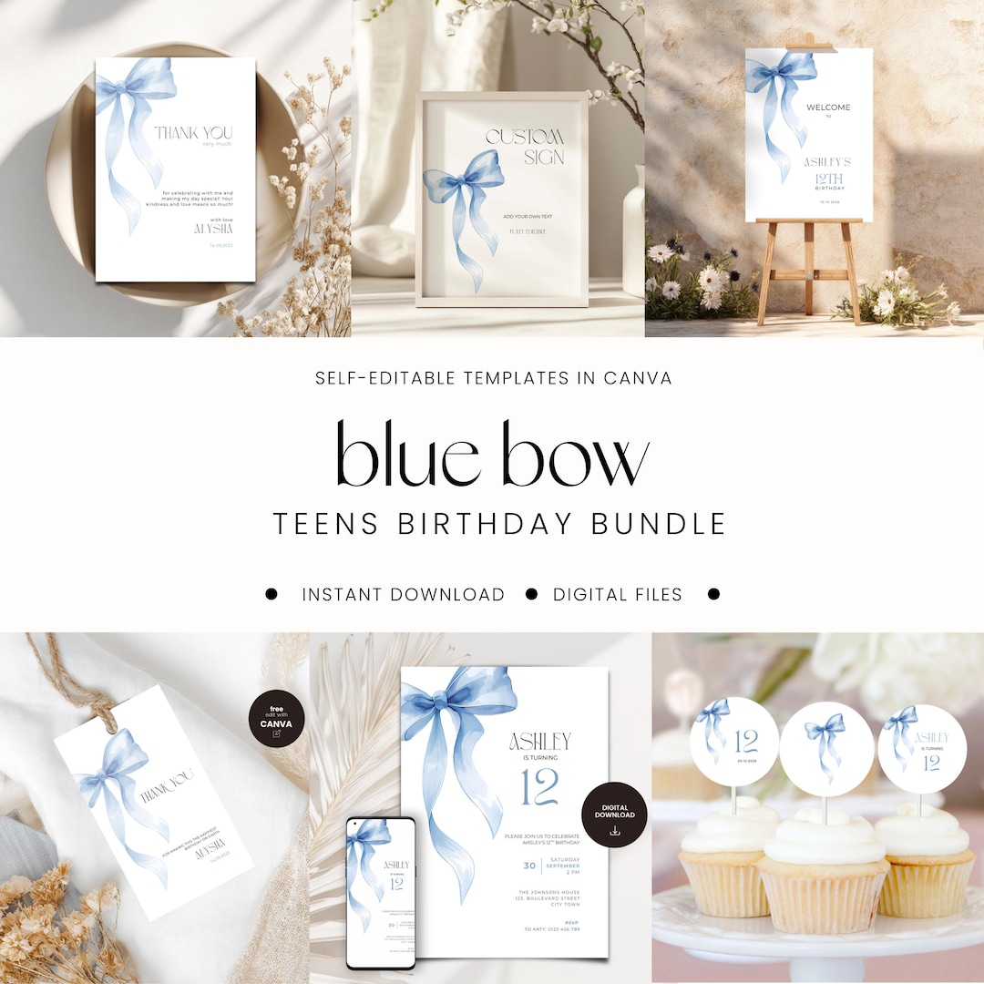 Blue Bow Birthday Bundle for Girls - Editable Templates in Canva ...