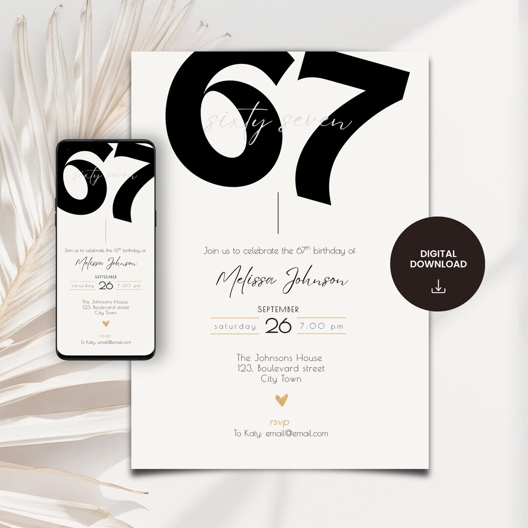 67th Birthday Invitations Digital, Editable Minimal Template for Man ...