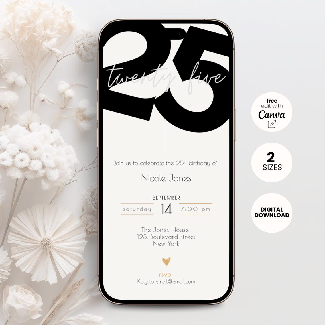 25th Birthday Invitation Digital Template: Twenty Five Party Invite ...
