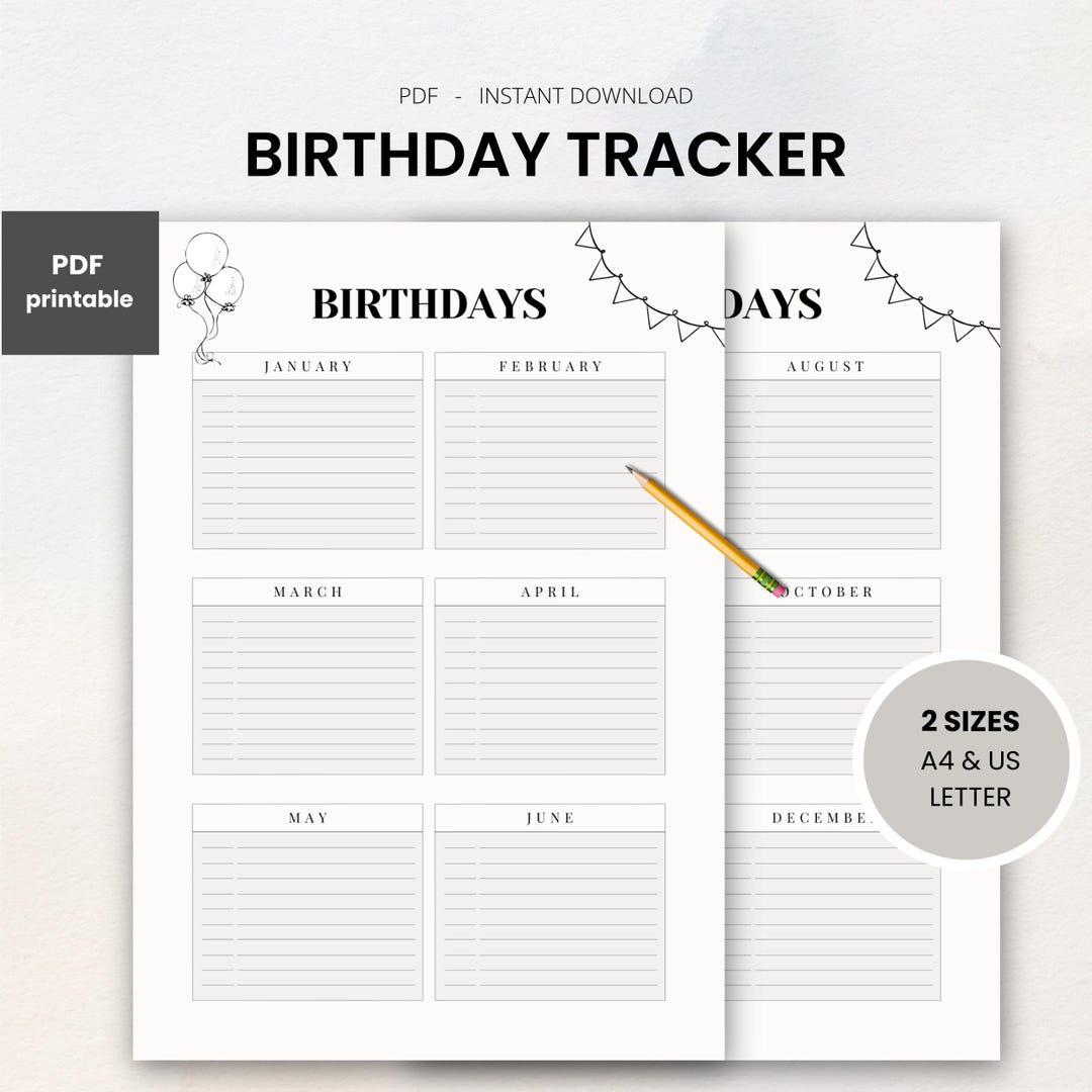 Birthday Tracker Printable PDF Yearly Birthday Calendar - Birthday ...