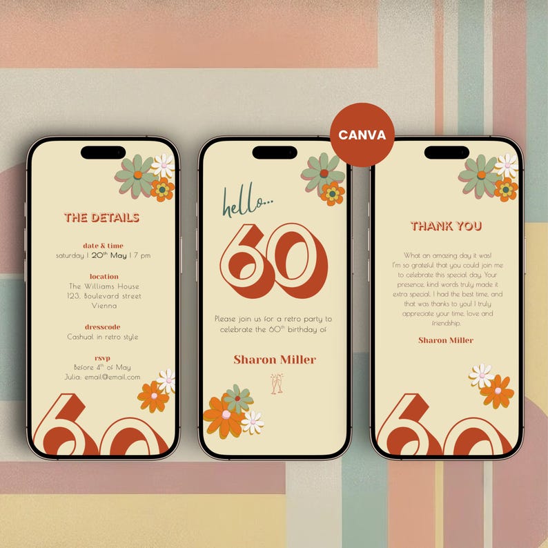 Retro 60th Birthday Invitation Template: Editable Canva Evite (digital ...
