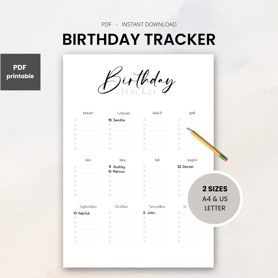 Birthday Tracker Printable PDF Editable Yearly Birthday Calendar ...