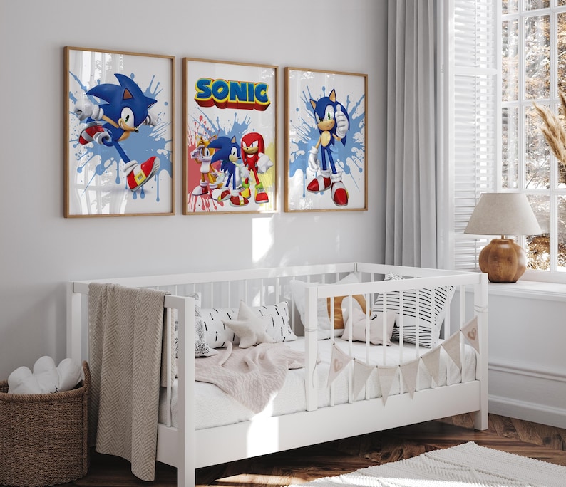 Sonic Hedgehog Wall Art | 3-piece Sonic Theme Kids Room Decor | Fast ...