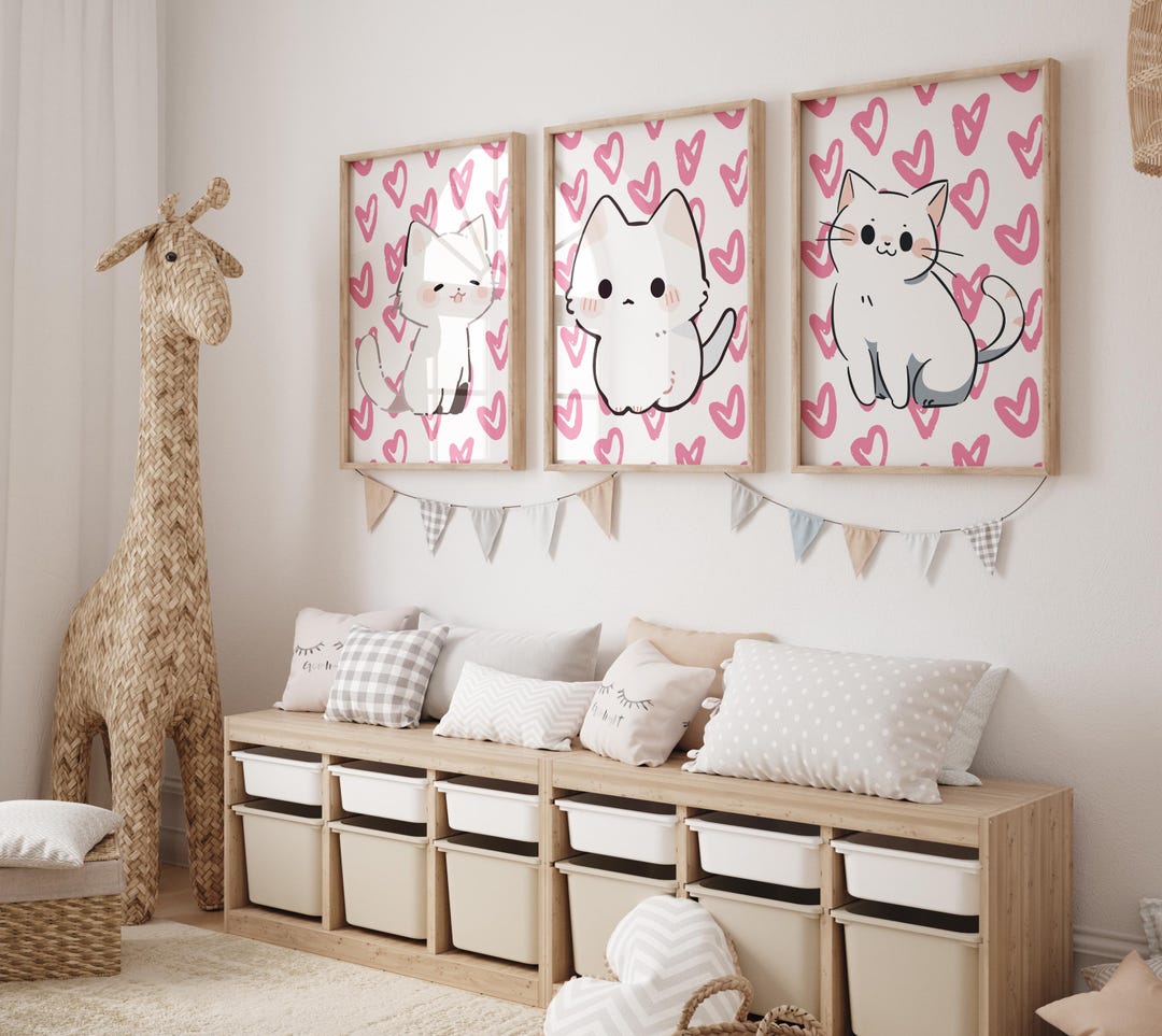 Adorable Cute Cat Wall Art Set, 3 Piece Printable Kitten Decor for ...