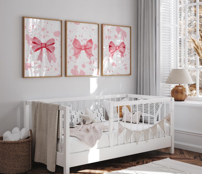 Pink Bow Wall Art Set for Girls Room | 3-piece Digital Print | Bow ...