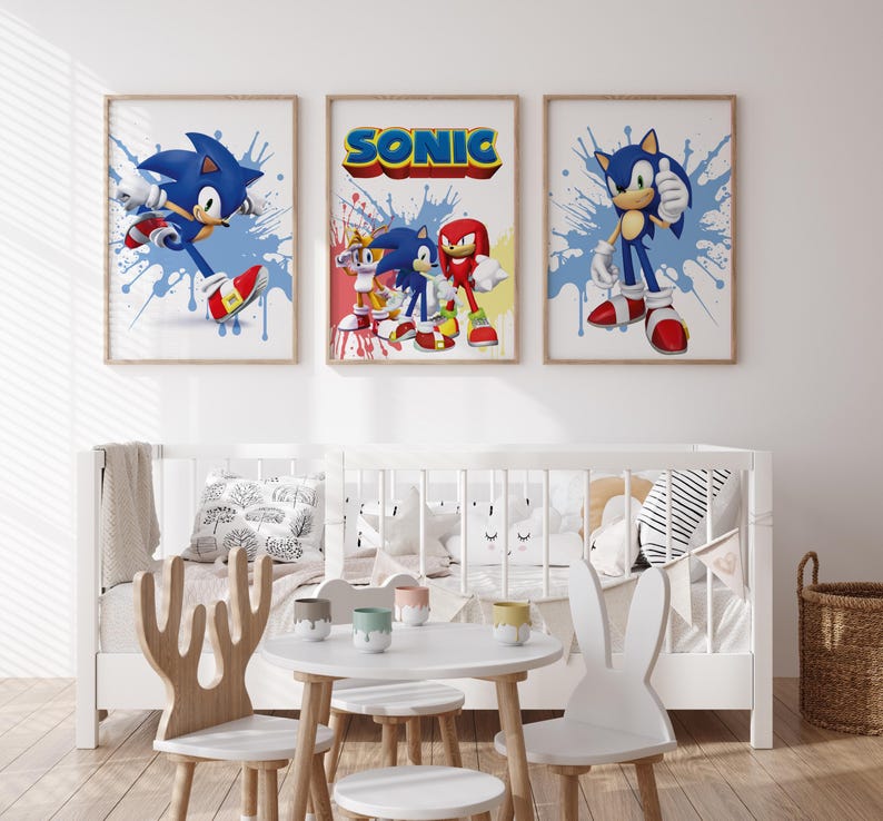Sonic Hedgehog Wall Art | 3-piece Sonic Theme Kids Room Decor | Fast ...