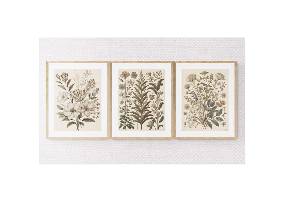 Set of 3 Rustic Botanic Wall Arts, Tile Art, Bohem Style, Soft Flowers ...