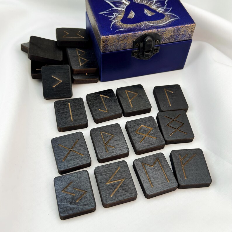 Rune Sets Black Elder Futhark Rune Set Square Runes Wooden Divination ...