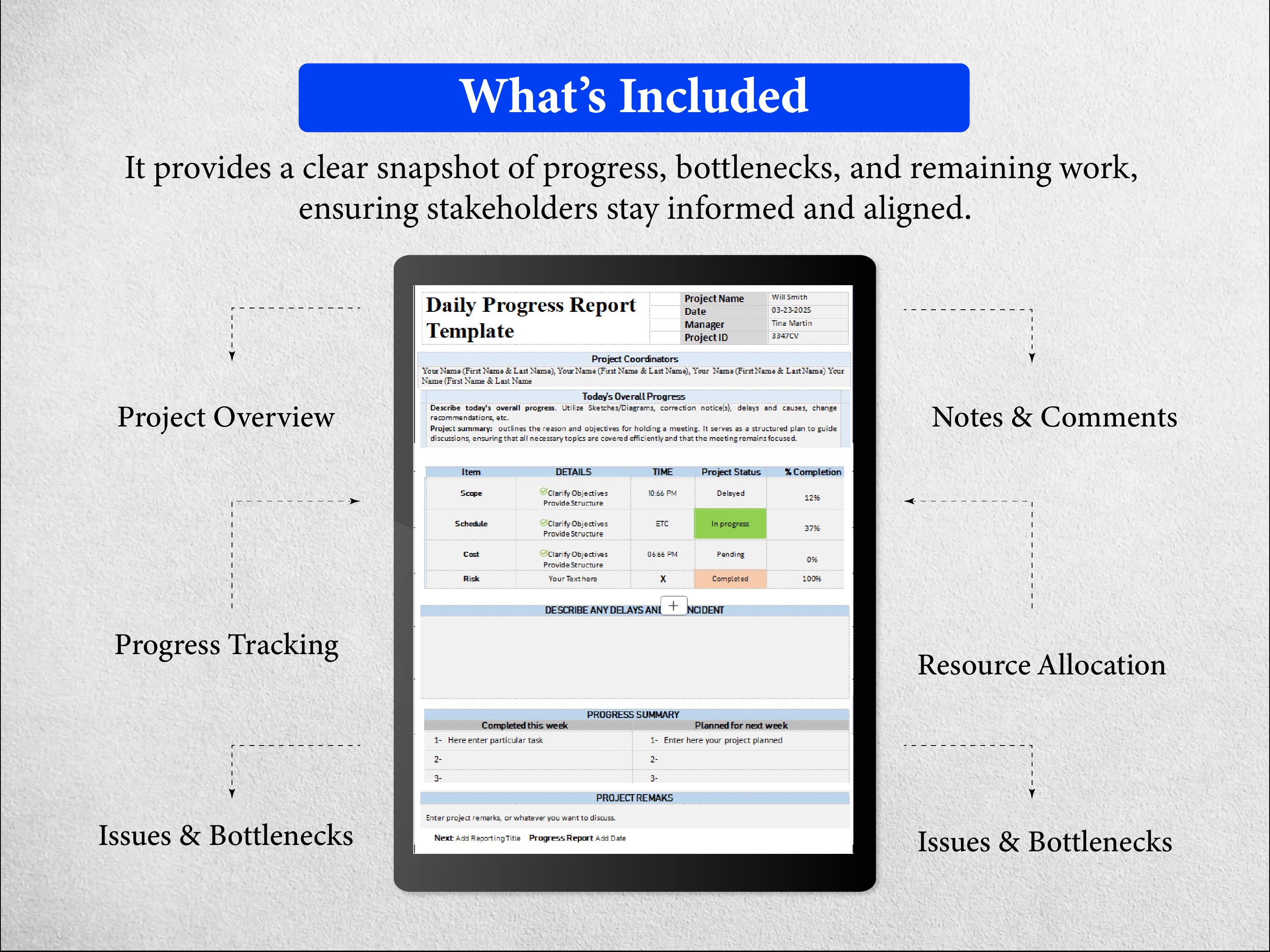 Daily Work in Progress Template | Work Report Template | Task Report ...