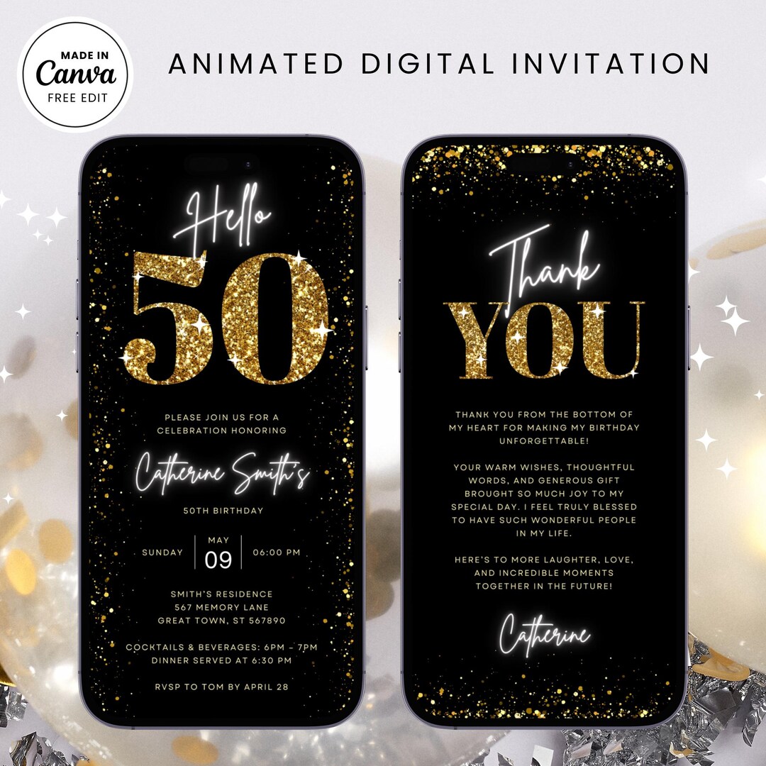 Hello 50 Birthday Party Invitation Black Gold Glitters Digital Animated ...