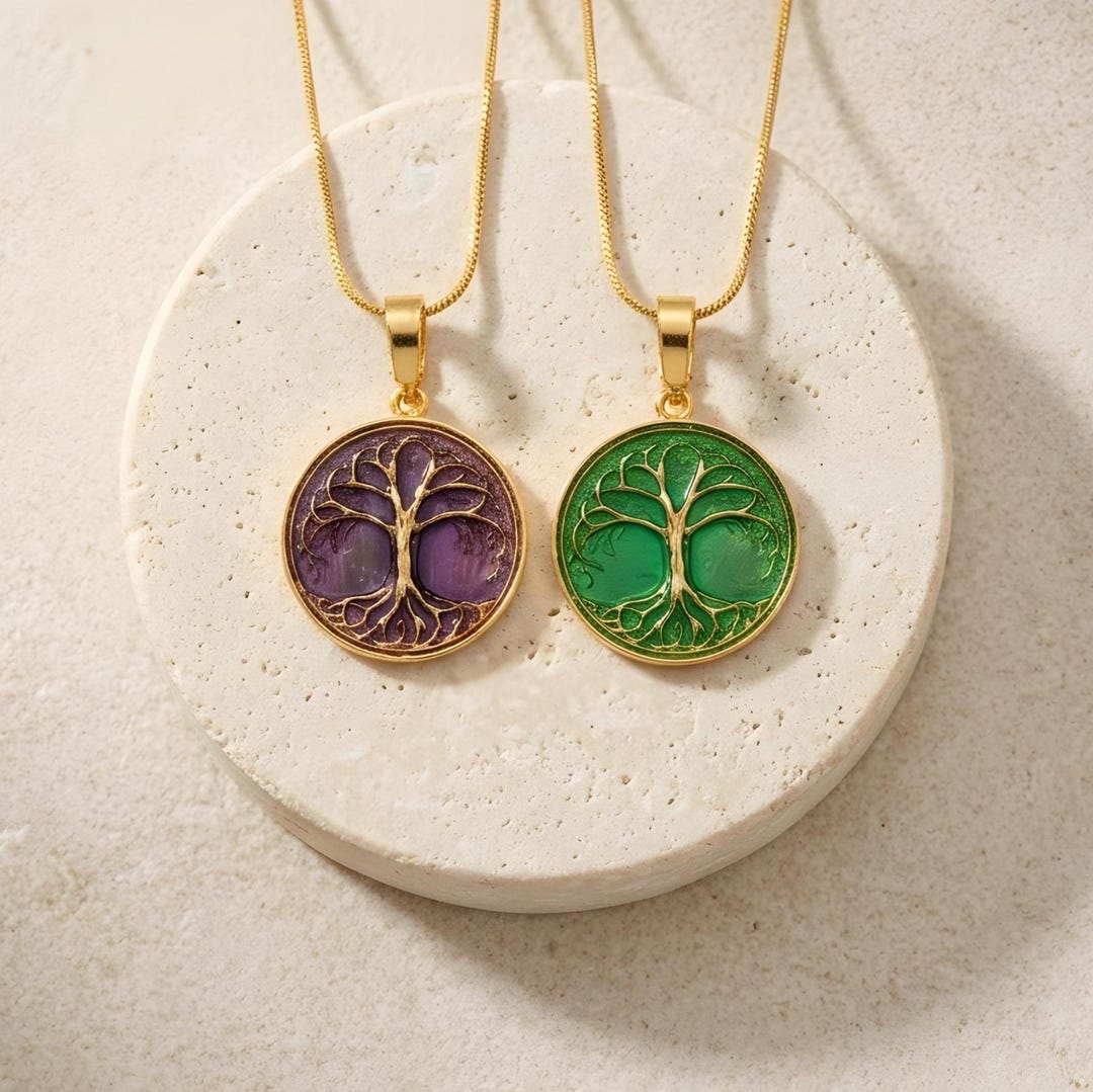 Enamel Tree of Life Necklace, Gold Plated Green Tree Pendant, Rebirth ...