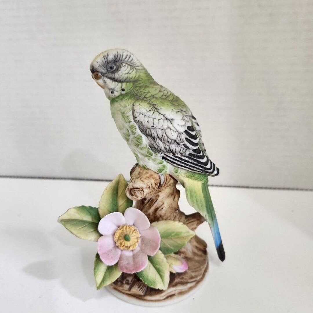 Vintage Green Parakeet Porcelain Bird Perched on a Branch With Pink ...