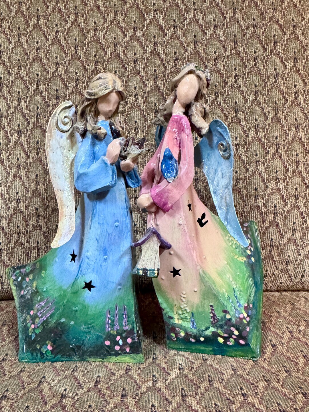 Vintage Handpainted Metal Angel Figurines With Bluebird - Set of 2 - Etsy