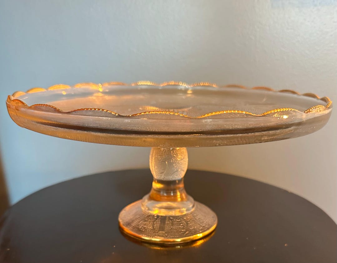Vintage Jeanette Glass - Harp Pattern Cake Stand With Gold Scalloped ...