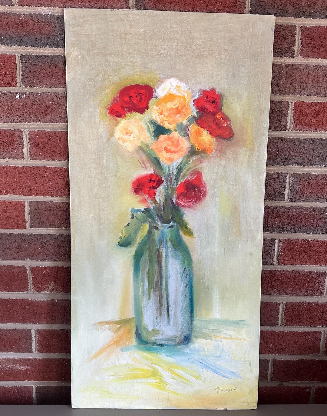 Original MCM Unframed Bouquet of Flowers in Vase / Vintage Oil Painting ...