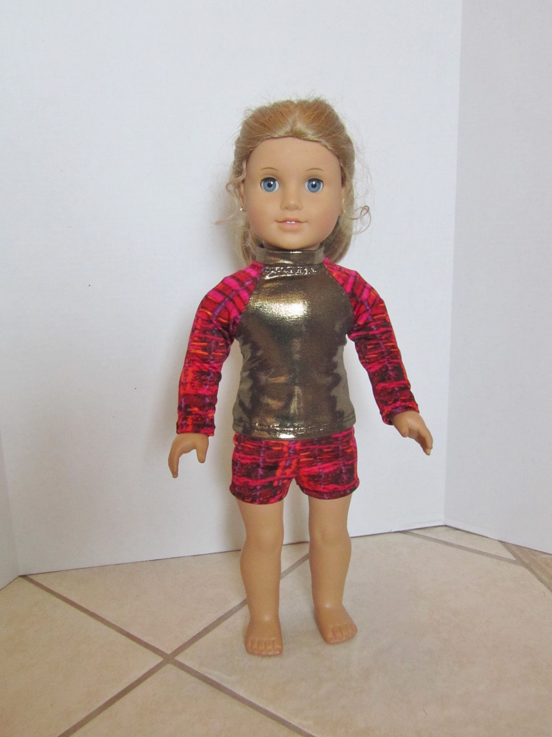 Gold and Red Rash-guard and Shorts Made to Fit Dolls Like American Girl ...