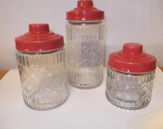 Vintage Glass Canister Set With Red Ceramic Lids - Etsy