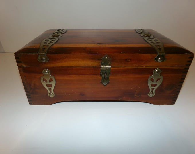 Vintage Cedar Wood Box With Hinged Lid and Brass Straps Across the Top ...