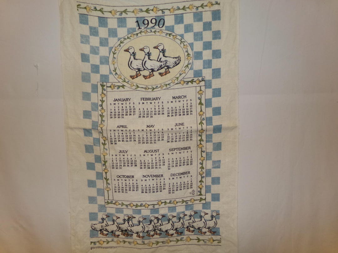 Vintage 1990 Linen Calendar Dish Cloth, Blue and White With Geese ...