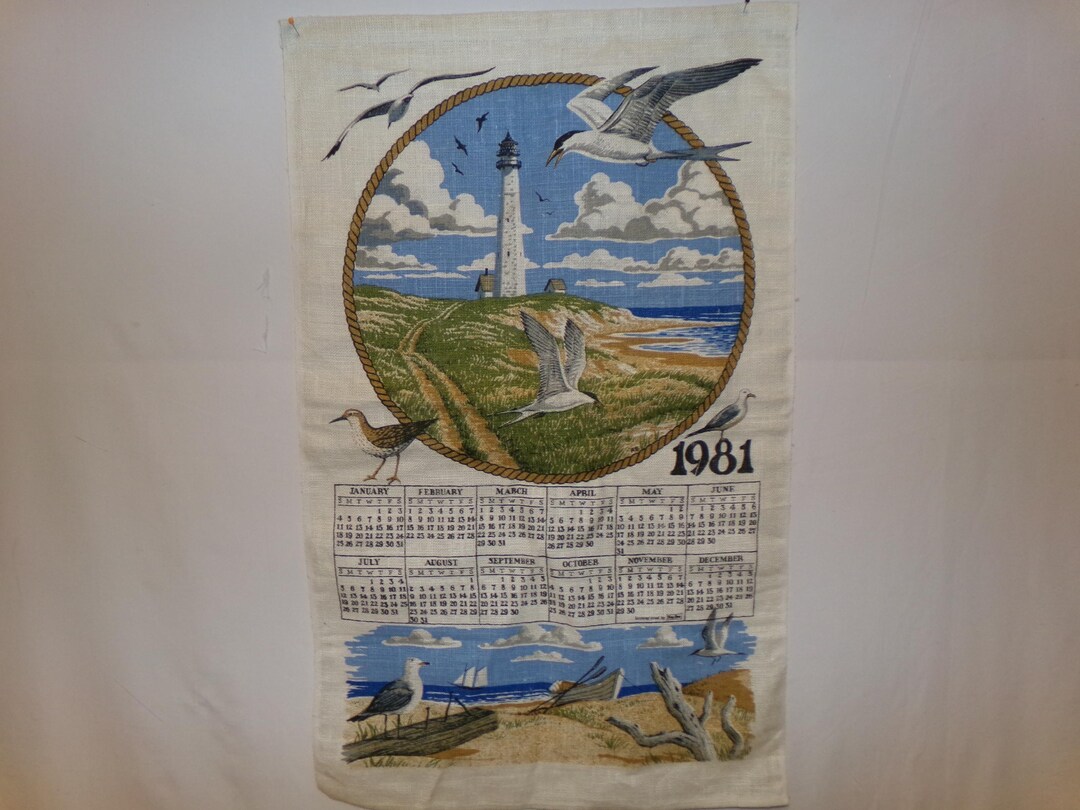 Vintage 1981 Linen Calendar With Lighthouse and Sea Birds Scene by Kay ...
