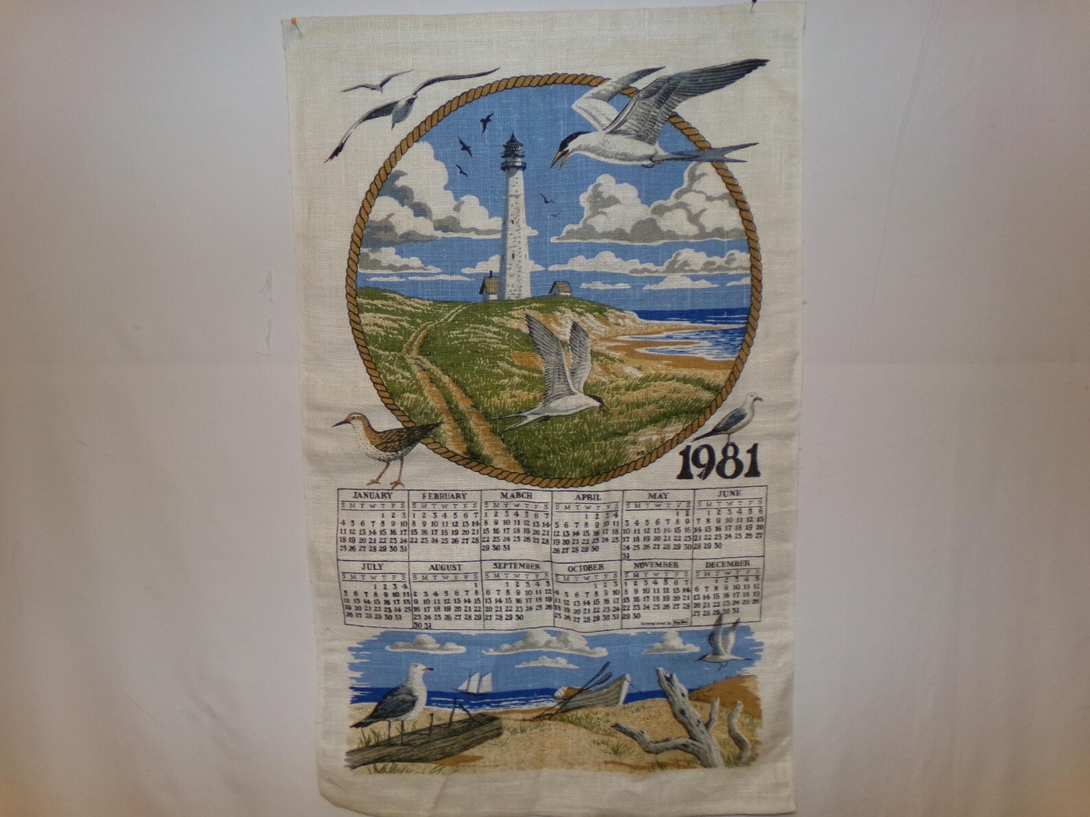 Vintage 1981 Linen Calendar With Lighthouse and Sea Birds Scene by Kay ...