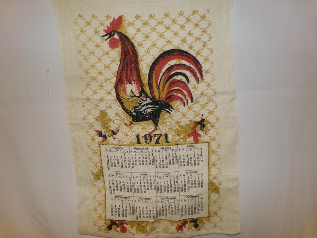 Vintage 1971 Linen Calendar Dish Towel With Stylized Rooster Design - Etsy