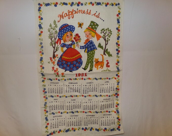 Vintage 1981 Linen Calendar Kitchen Towel, Colorful Kids and Cats ...