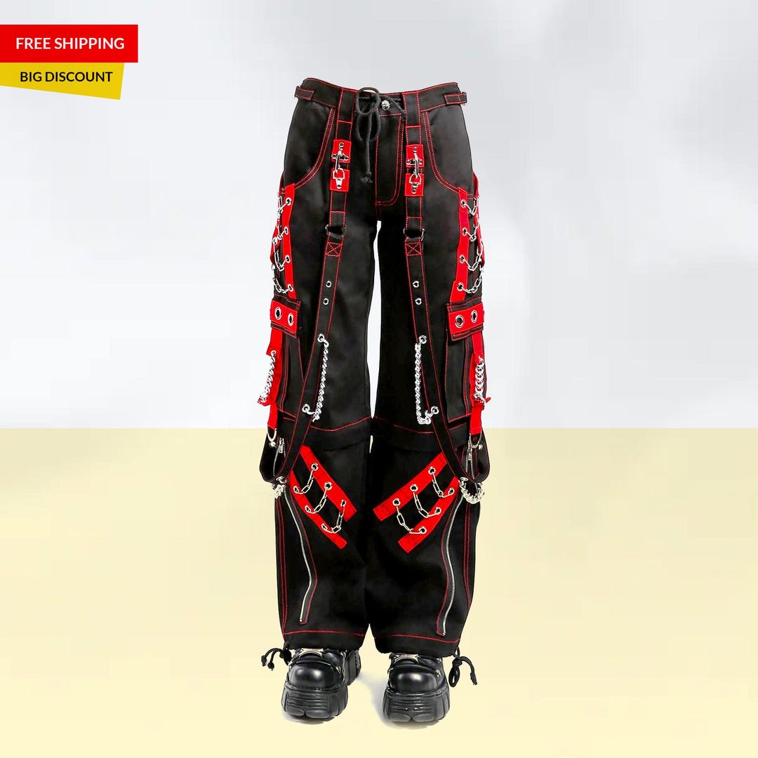Men Gothic Cyberpunk Bondage Pants Red and Black Tripp Style Chains ...