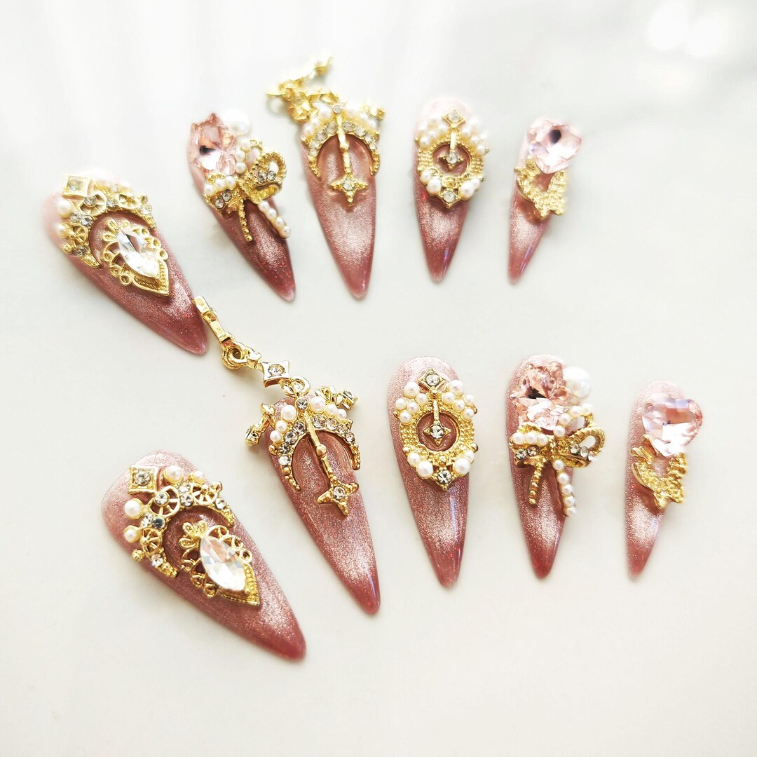 Baroque Gold Pink Press on Nails, Pearl & Chain Pendant Stiletto ...