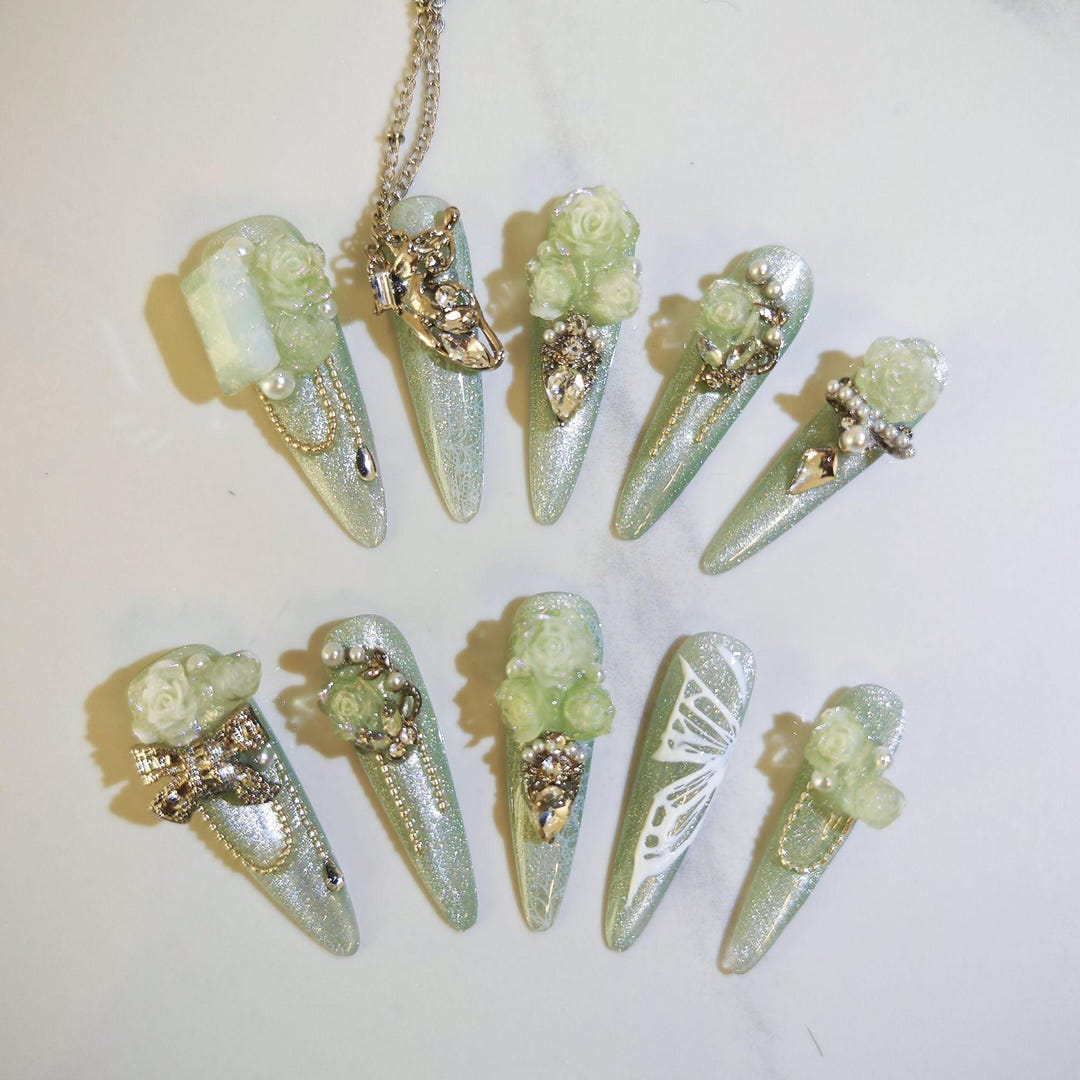 Sage Green 3D Flower Press on Nails, Rhinestone & Chain Stiletto Nails ...