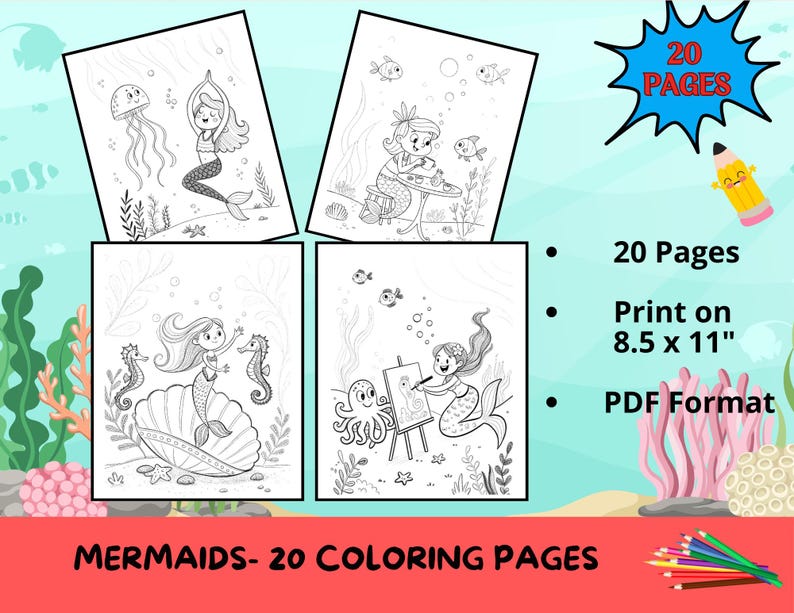 Mermaid Coloring Pages for Kids: 20 Printable Sheets (digital Download ...
