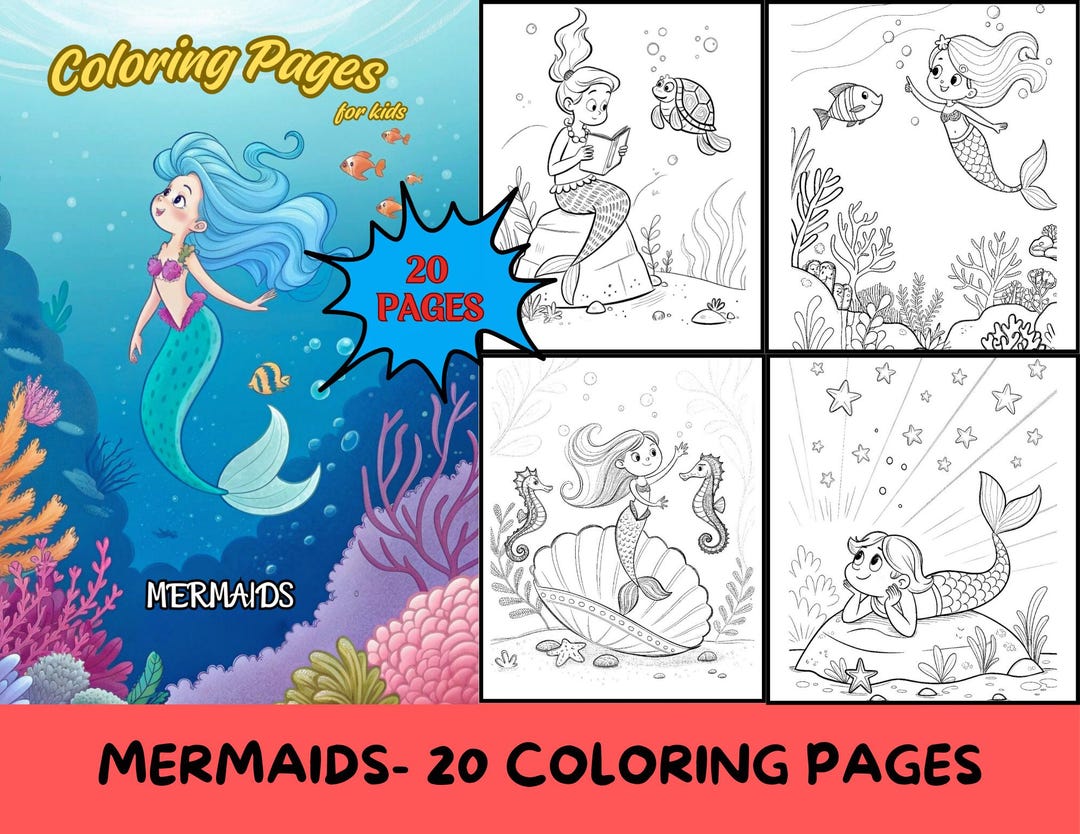 Mermaid Coloring Pages for Kids: 20 Printable Sheets (digital Download ...