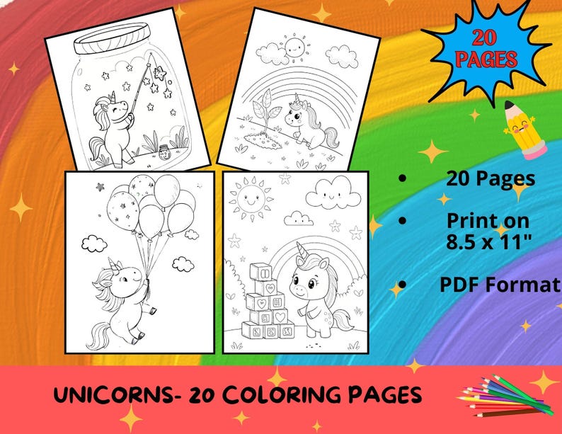 20 Unicorn Coloring Pages for Kids, Digital Download Activity Book ...