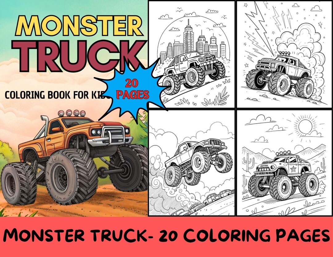 Monster Truck Coloring Pages for Kids: 20 Big Truck Designs (digital ...