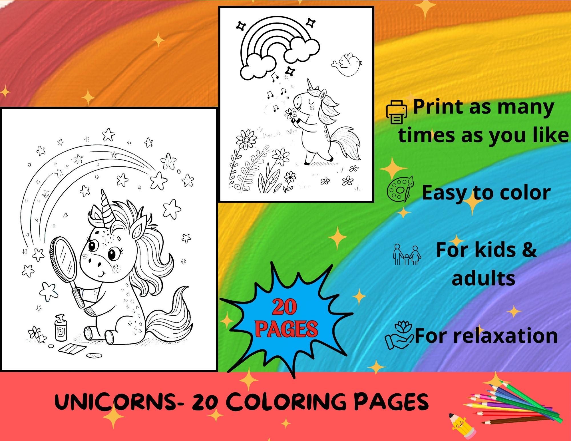 20 Unicorn Coloring Pages for Kids, Digital Download Activity Book ...