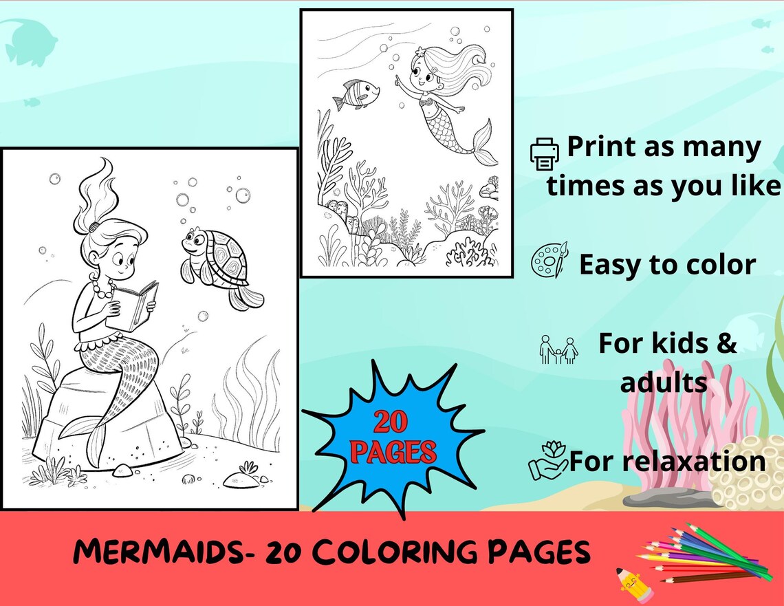 Mermaid Coloring Pages for Kids: 20 Printable Sheets (digital Download ...