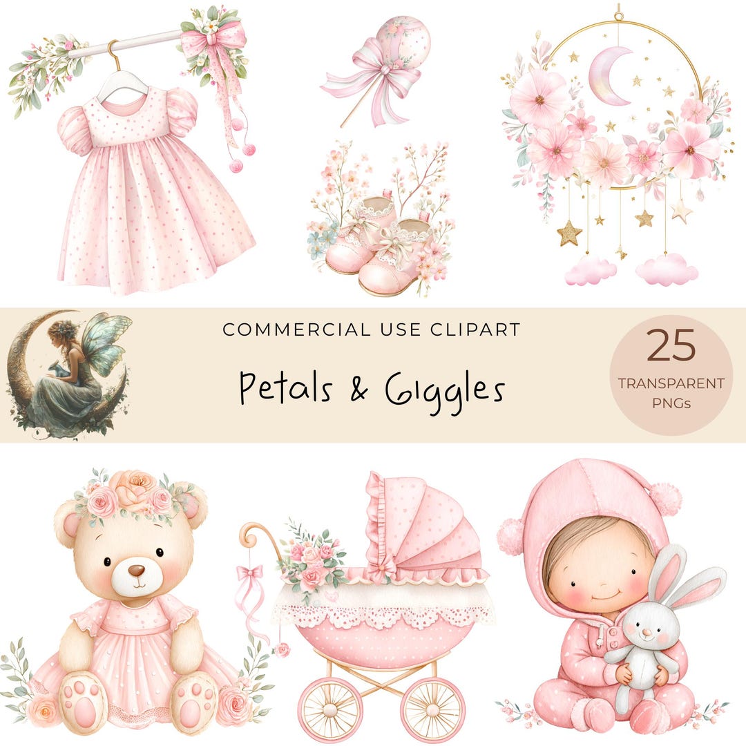 Pink Baby Shower Clipart: Watercolor PNG Graphics (digital Download) - Etsy