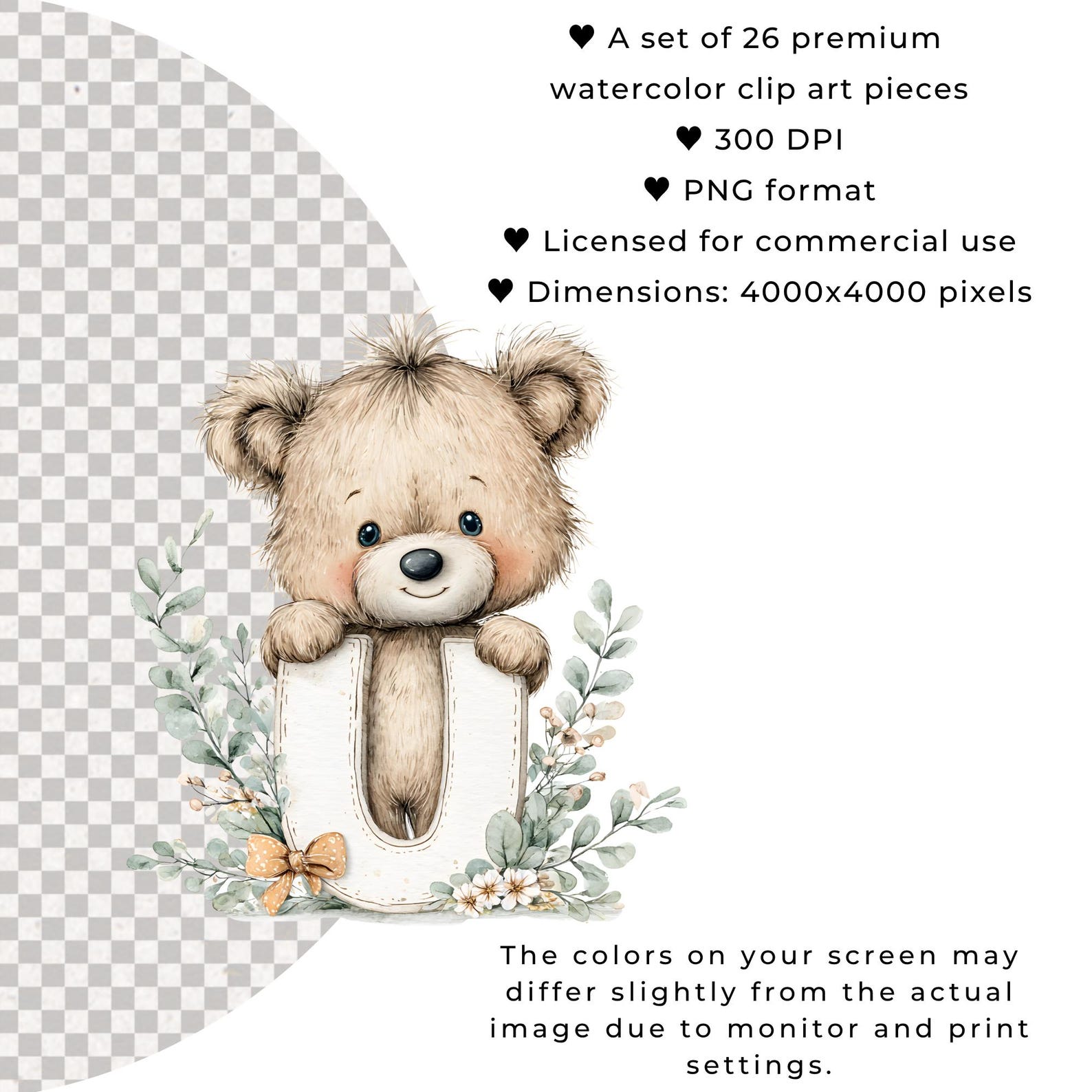 Boho Baby Bear Alphabet Clipart – Watercolor Nursery Letters PNG Set - Etsy
