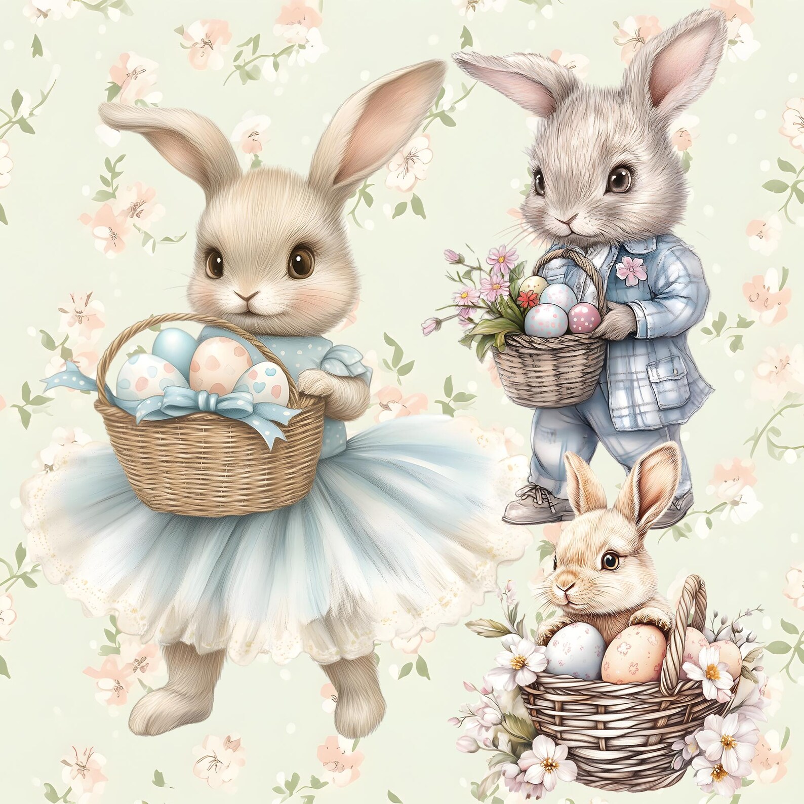 Vintage Easter Bunny Clipart, Pastel Spring Rabbits & Floral Clipart ...
